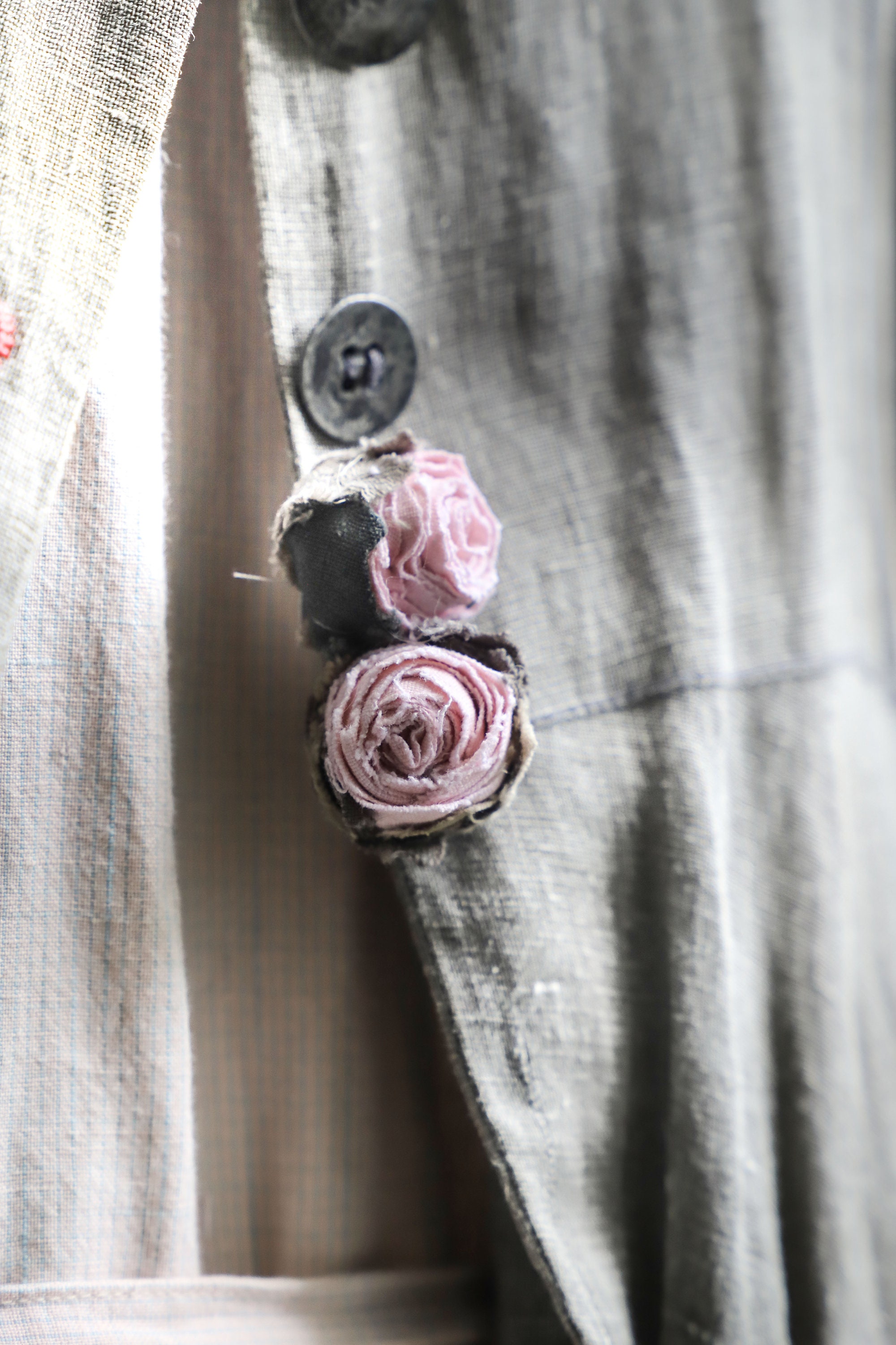 TWO Magic Roses, With Frayed Leaves, Hand-dyed Antique Linen, Soft Pink ...