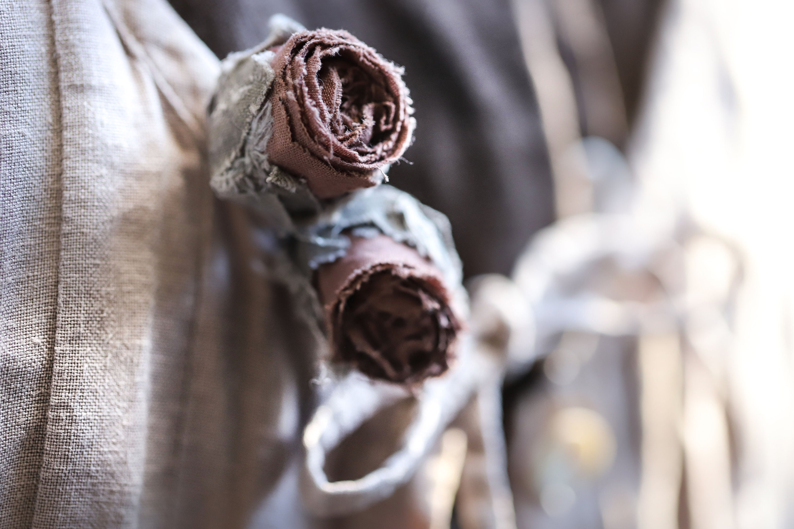 TWO ROSES, With Frayed Leaves, Hand Dyed Antique Linen, Old Pink ...