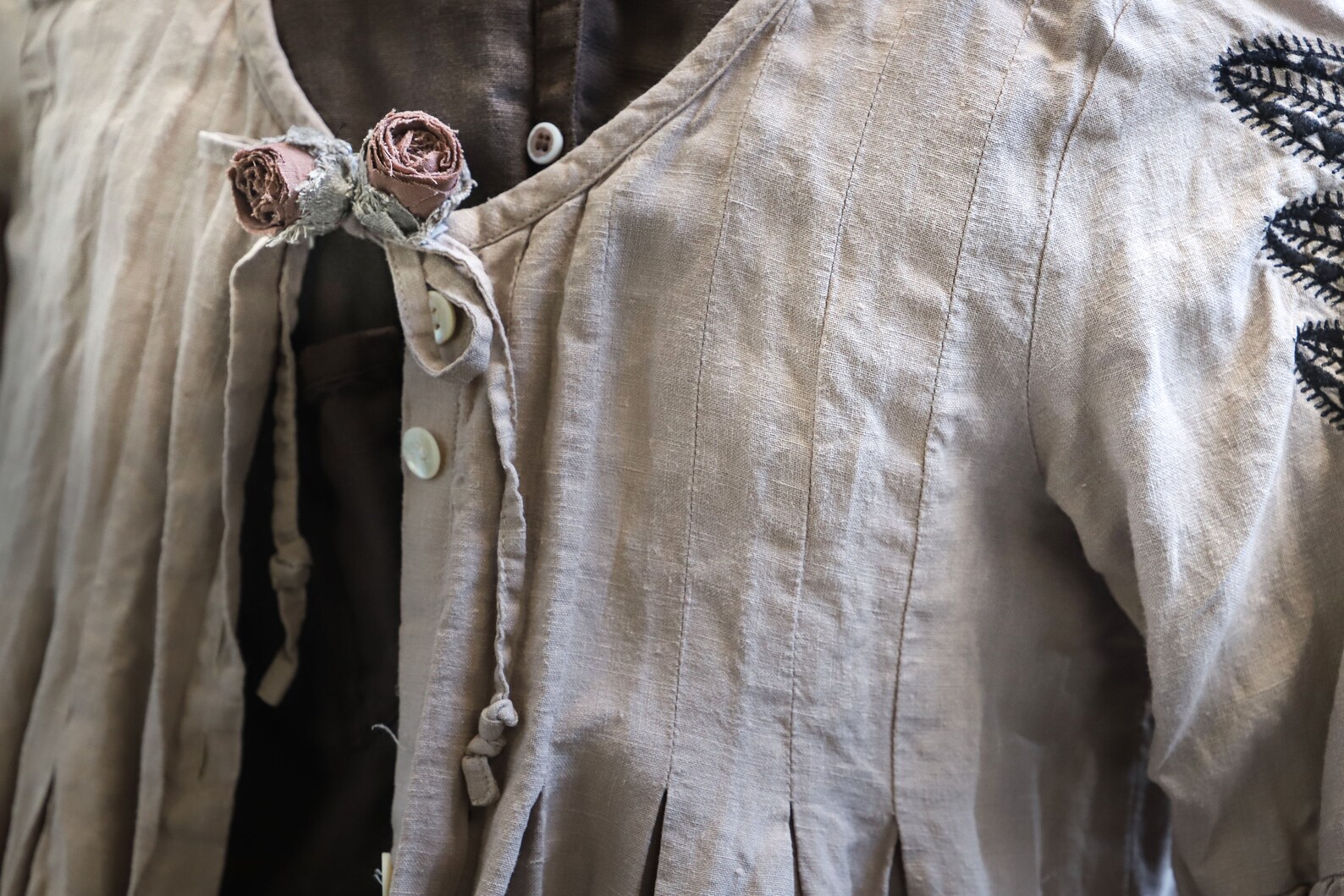 TWO ROSES, With Frayed Leaves, Hand Dyed Antique Linen, Old Pink ...