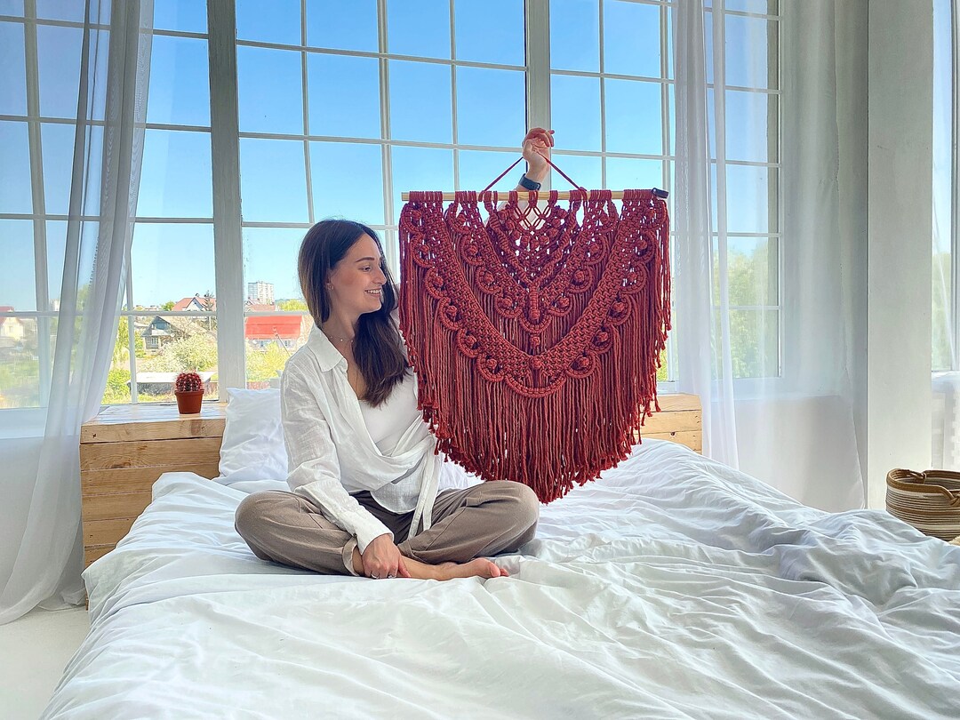 Burnt Orange Boho Macrame Wall Hanging, Large Macrame Backdrop, Terracotta Macrame, Large ...