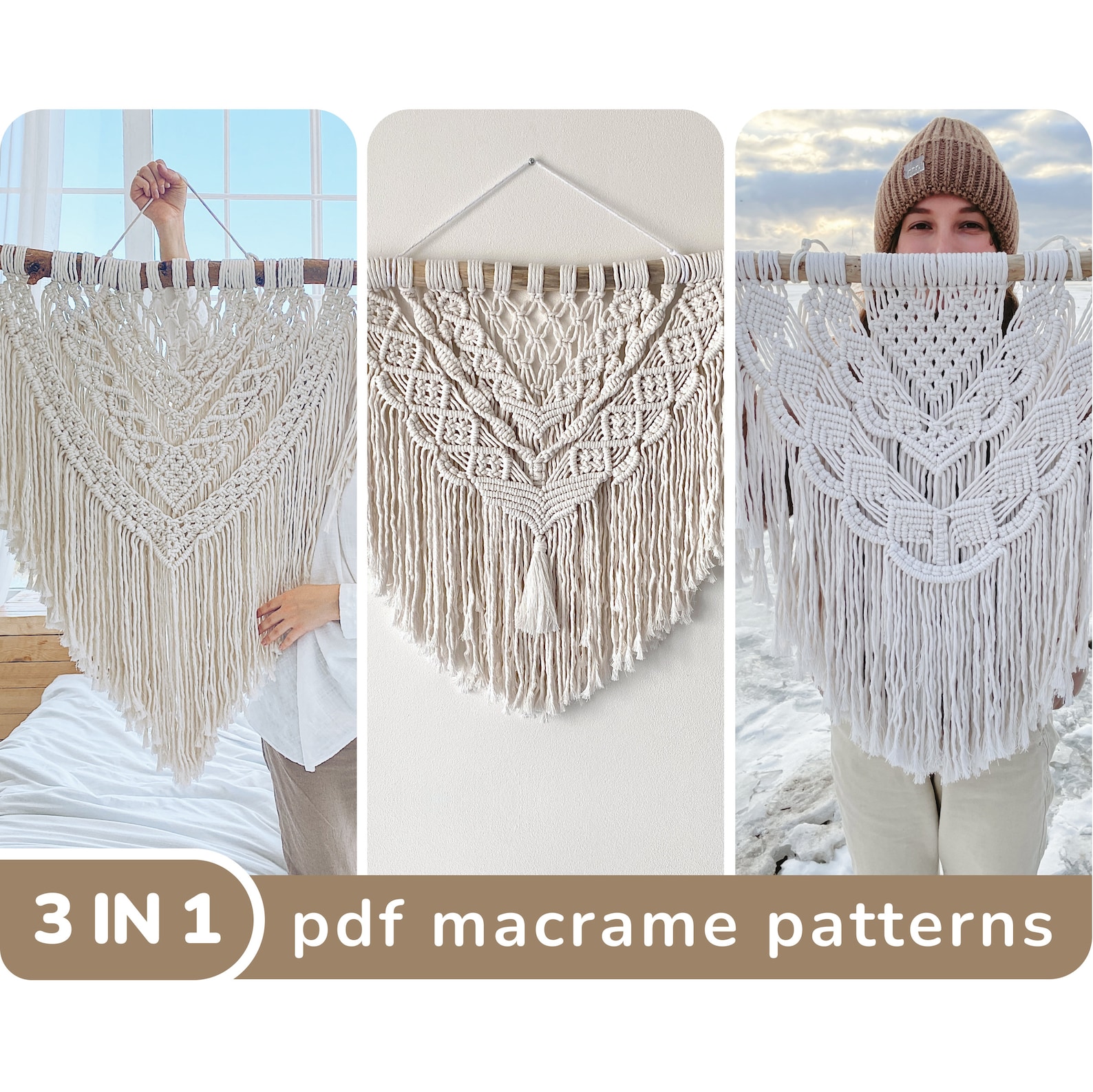 3-in-1 Macrame Pattern PDF With Photos, Beginner Macrame Wall Hanging ...