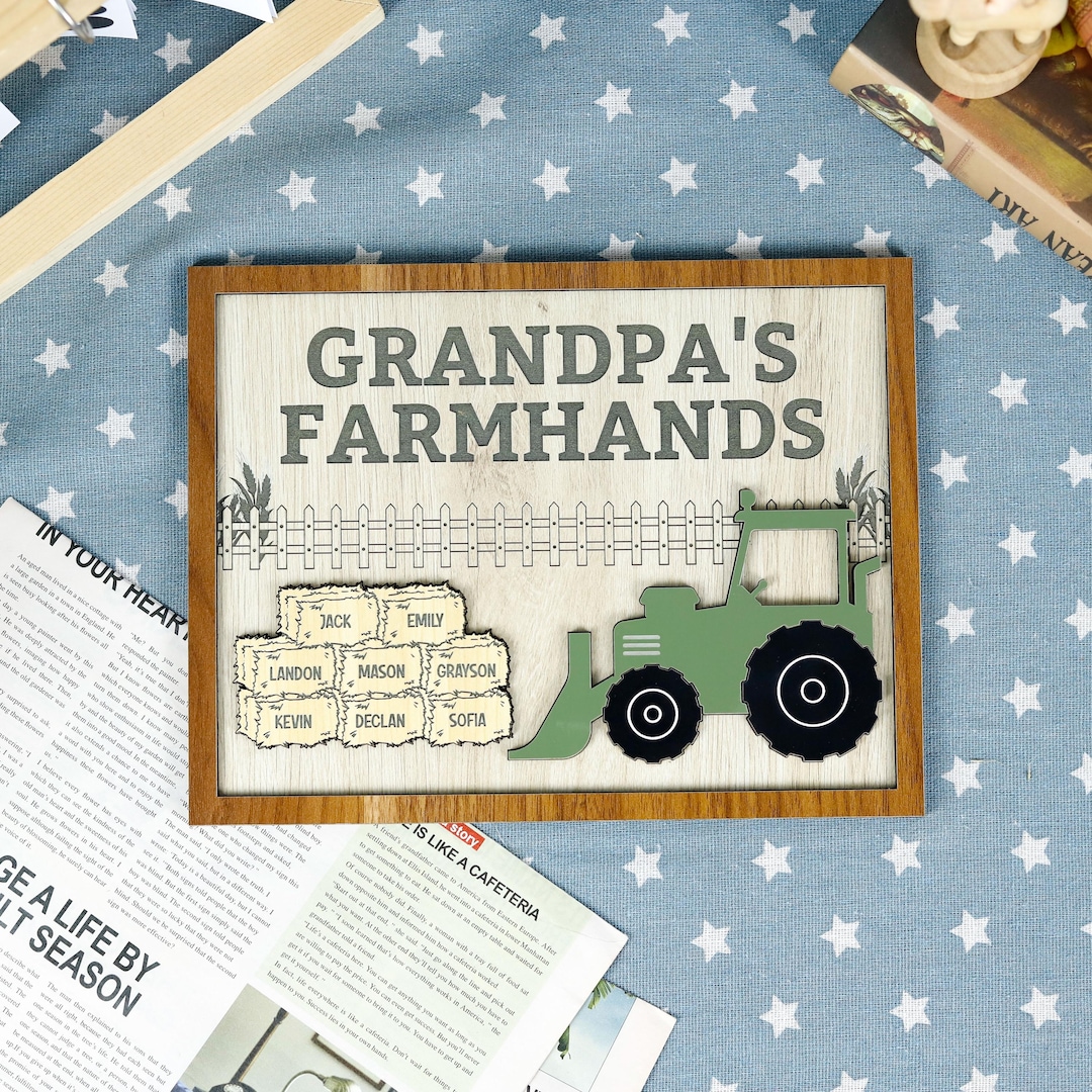 Grandpa Farmhands Farmer Gift, Custom Grandkids Name Sign, 3D Tractor ...