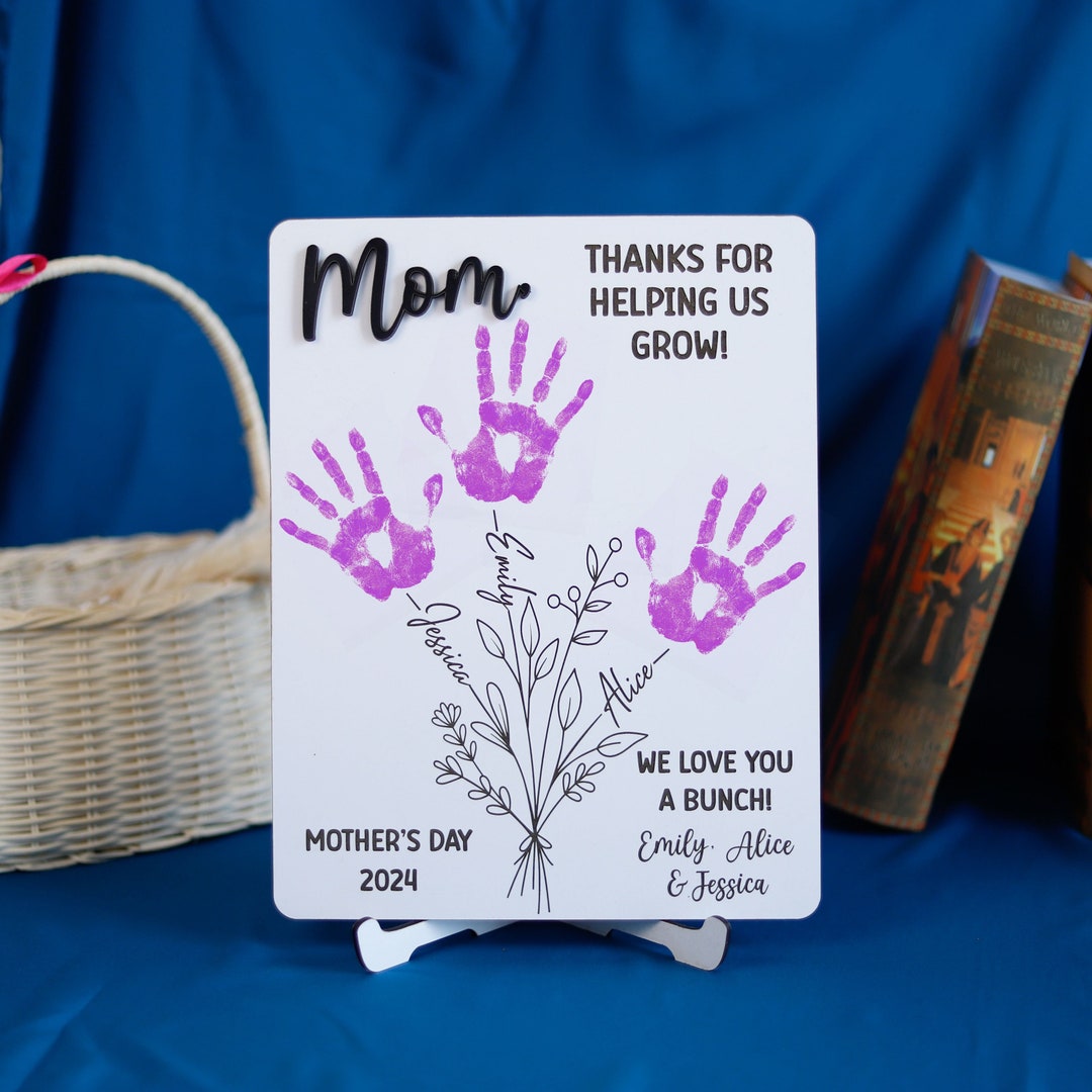 Personalized Mom Handprint Sign, Mom Flower Bouquet, Kid Handprint for ...