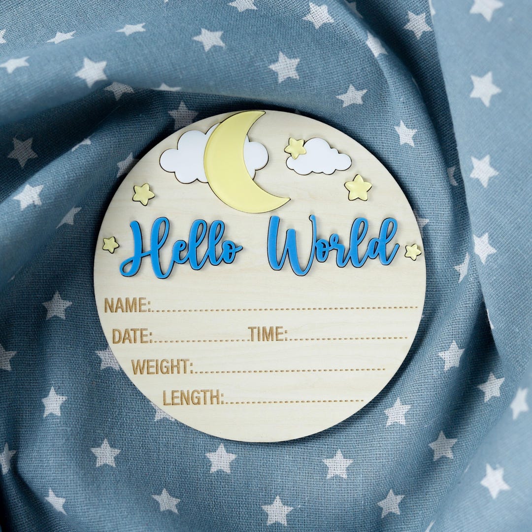 Celestial Hello World Newborn Announcement Sign, Celestial Nursery Name Plate, Baby Birth Stats ...