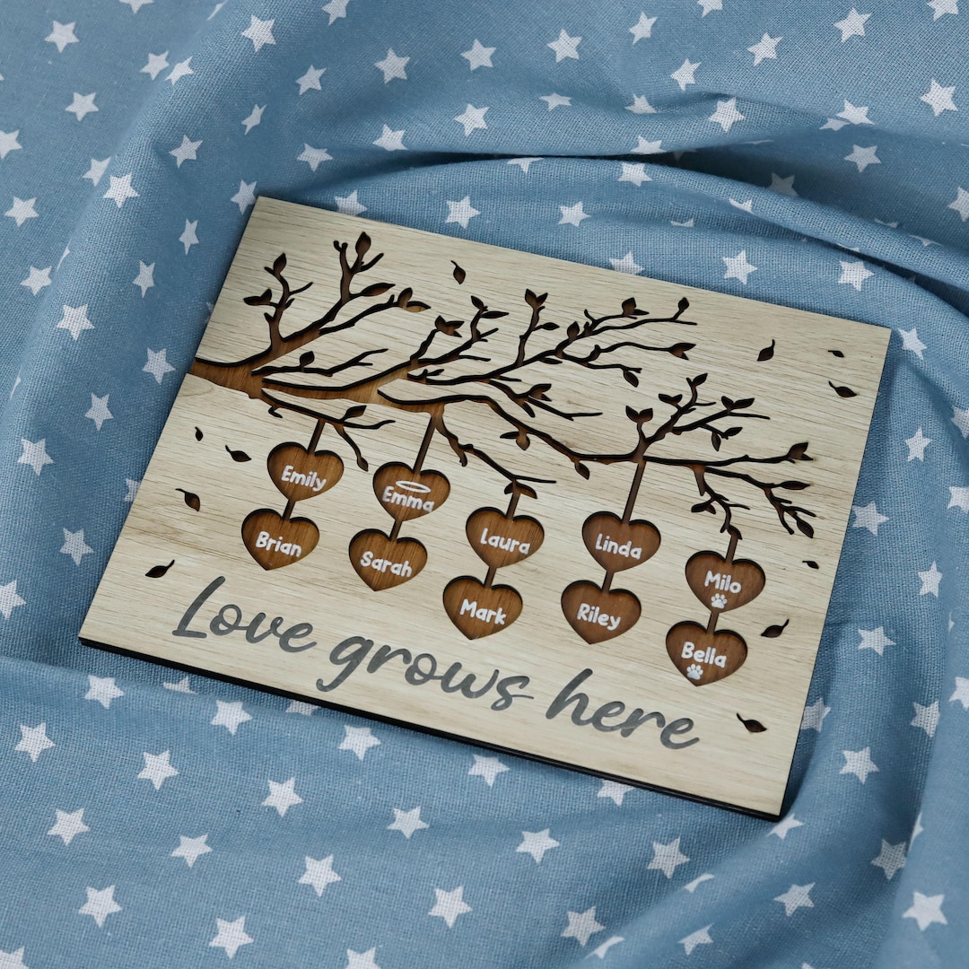 Grandchildren Names Tree Custom Sign, Love Grows Here, Personalized Engraved Family Tree Plaque ...