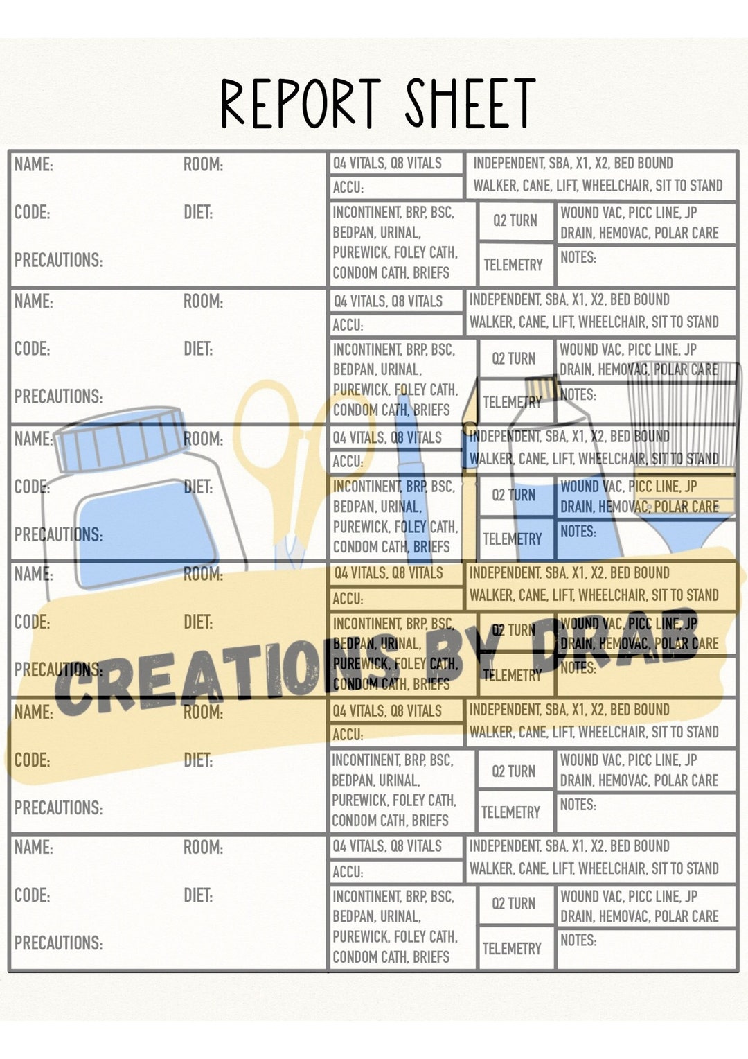 Cna/tech/nurse Report Sheet 6 Patients PDF File - Etsy