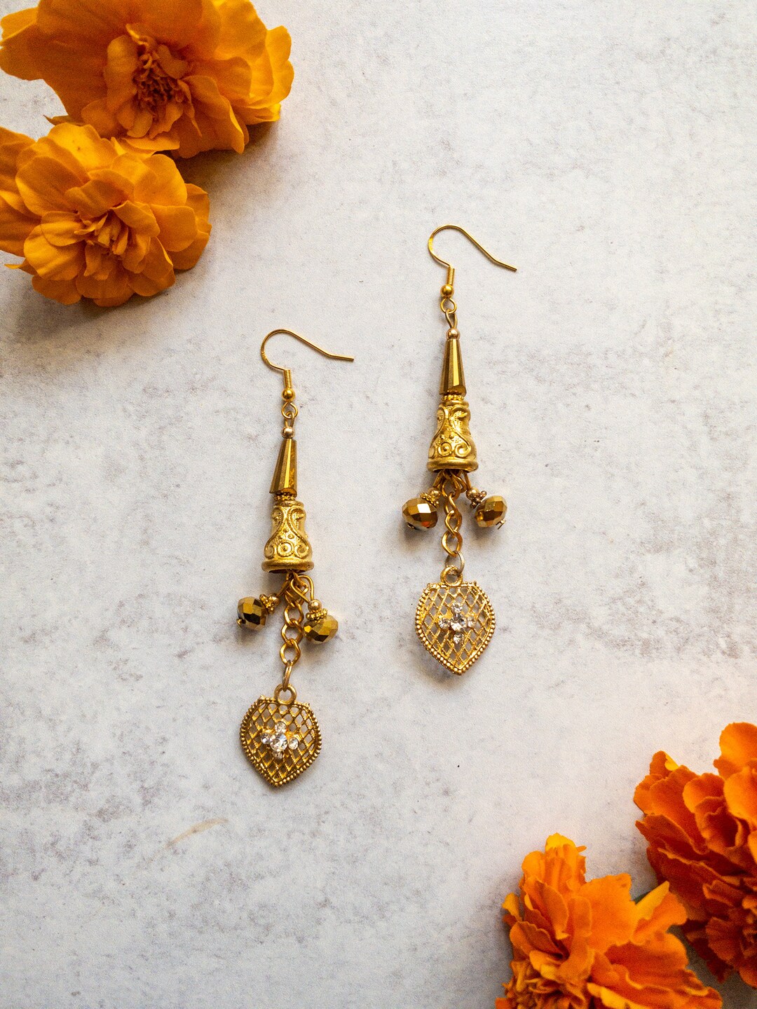 Gold Tear Drop Rhinestone Earrings, Statement Earrings, Beaded Earrings ...