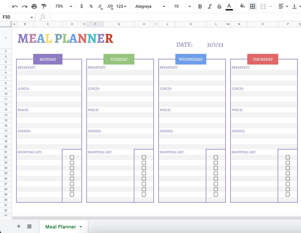 Easy Weekly Meal Planner Google Sheets Instant Download - Etsy