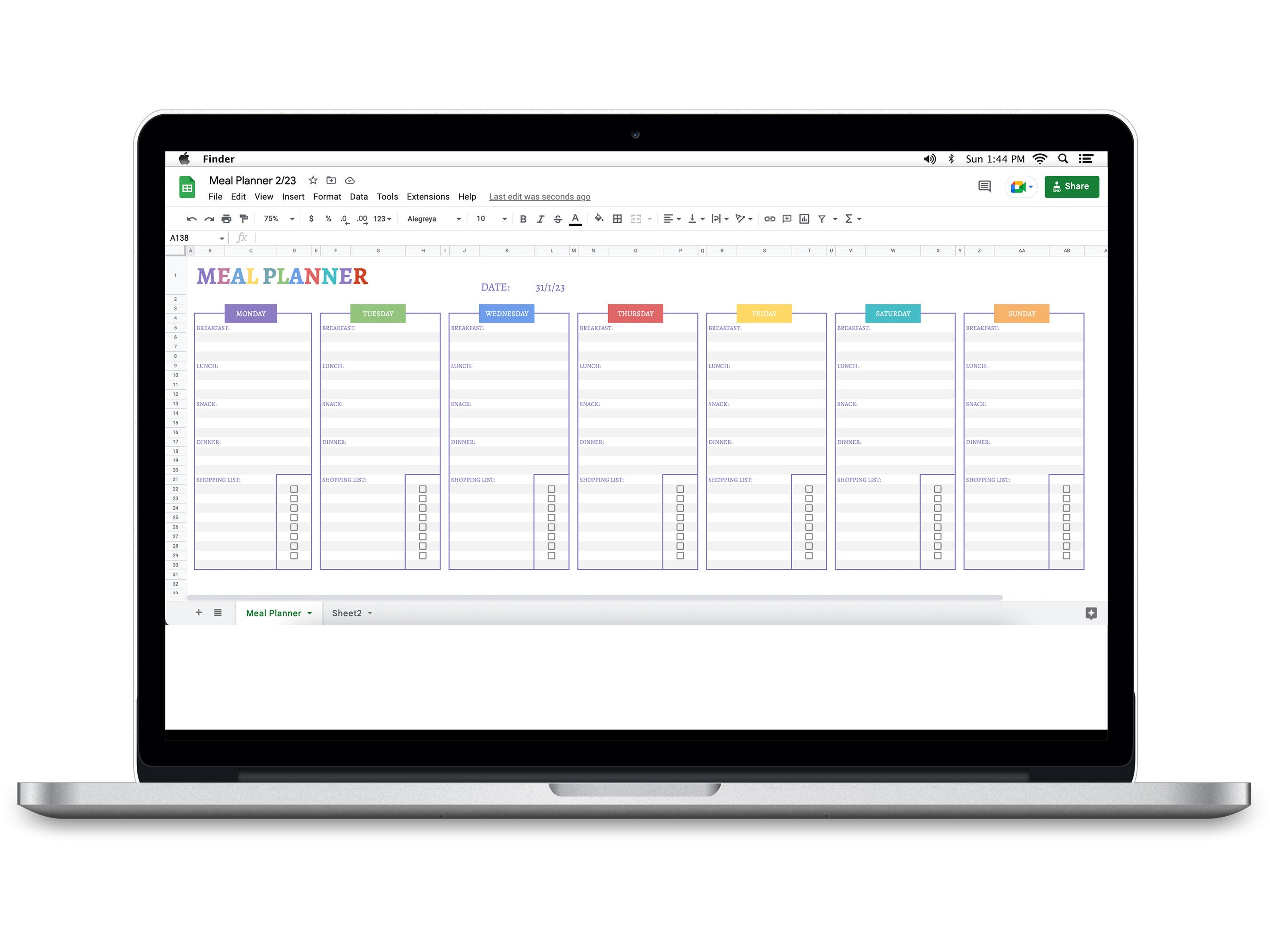Easy Weekly Meal Planner Google Sheets Instant Download - Etsy