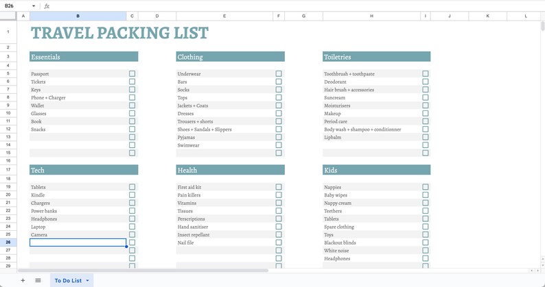Editable Travel Packing List Google Sheets Instant Download - Etsy
