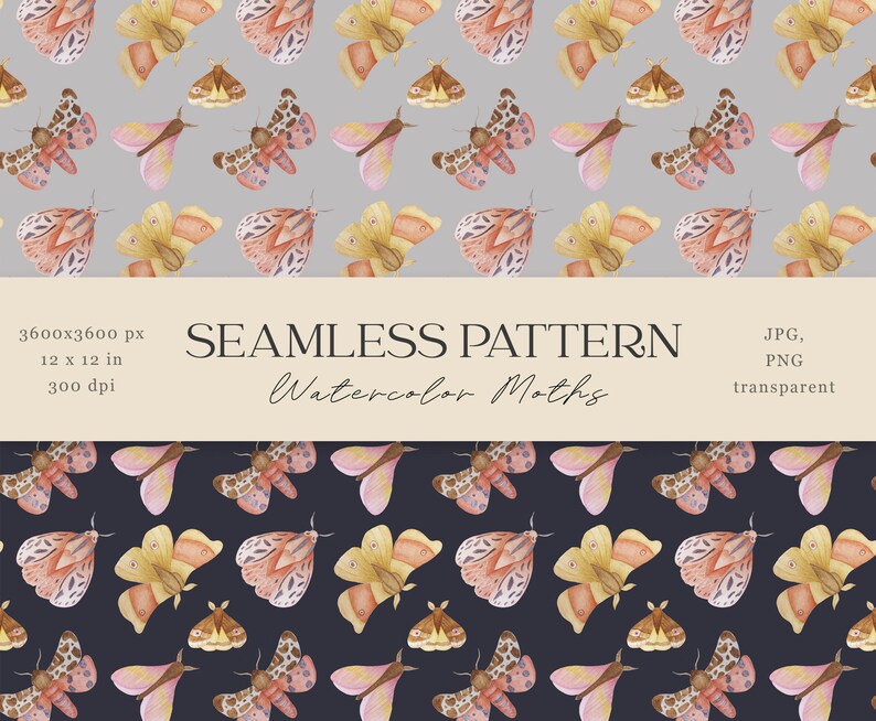 Paper, Party & Kids Embellishments Papercraft PNG Digital Download Watercolor Moths Seamless ...