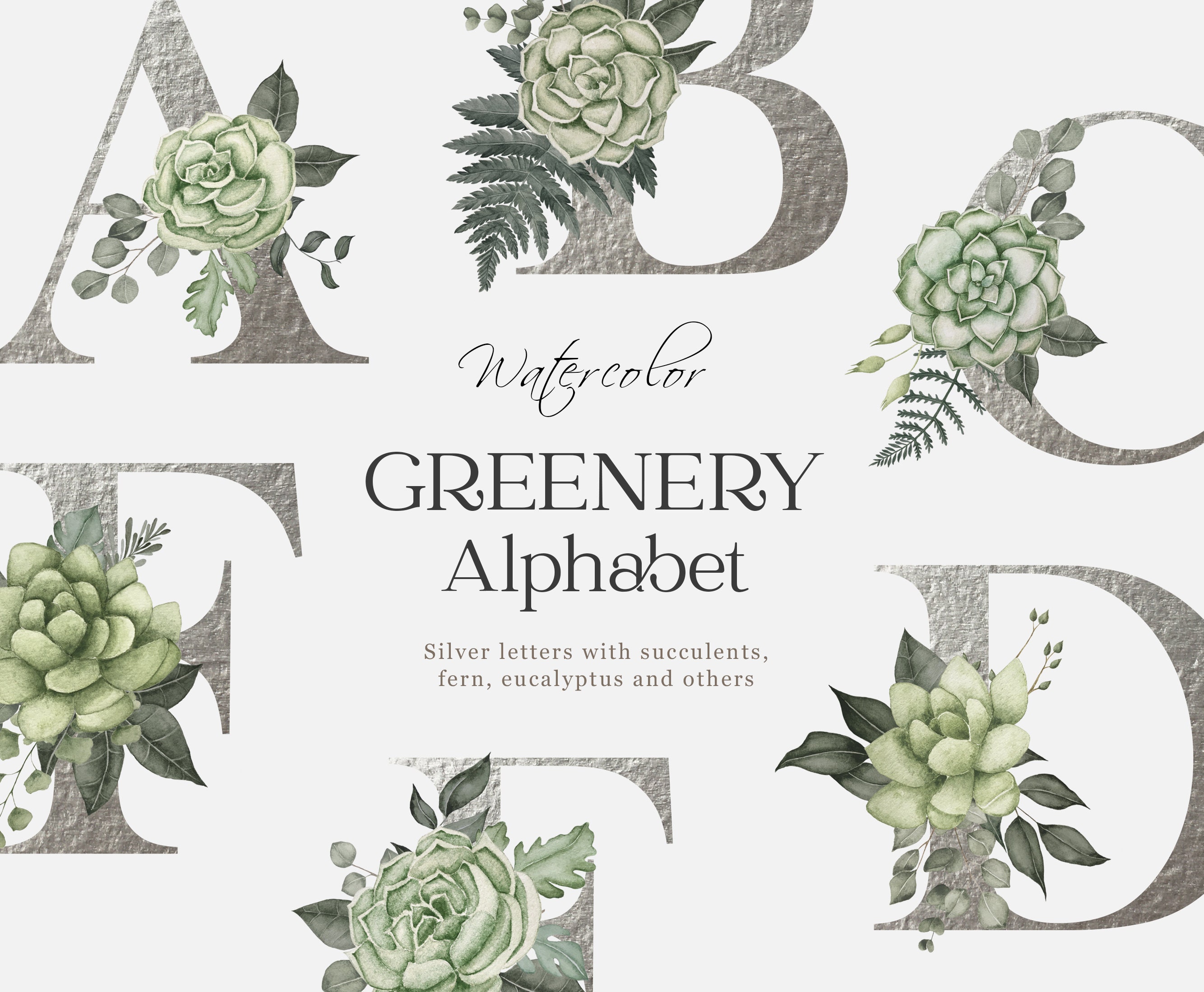 Greenery Silver Letters Watercolor Clipart Floral Watercolor | Etsy