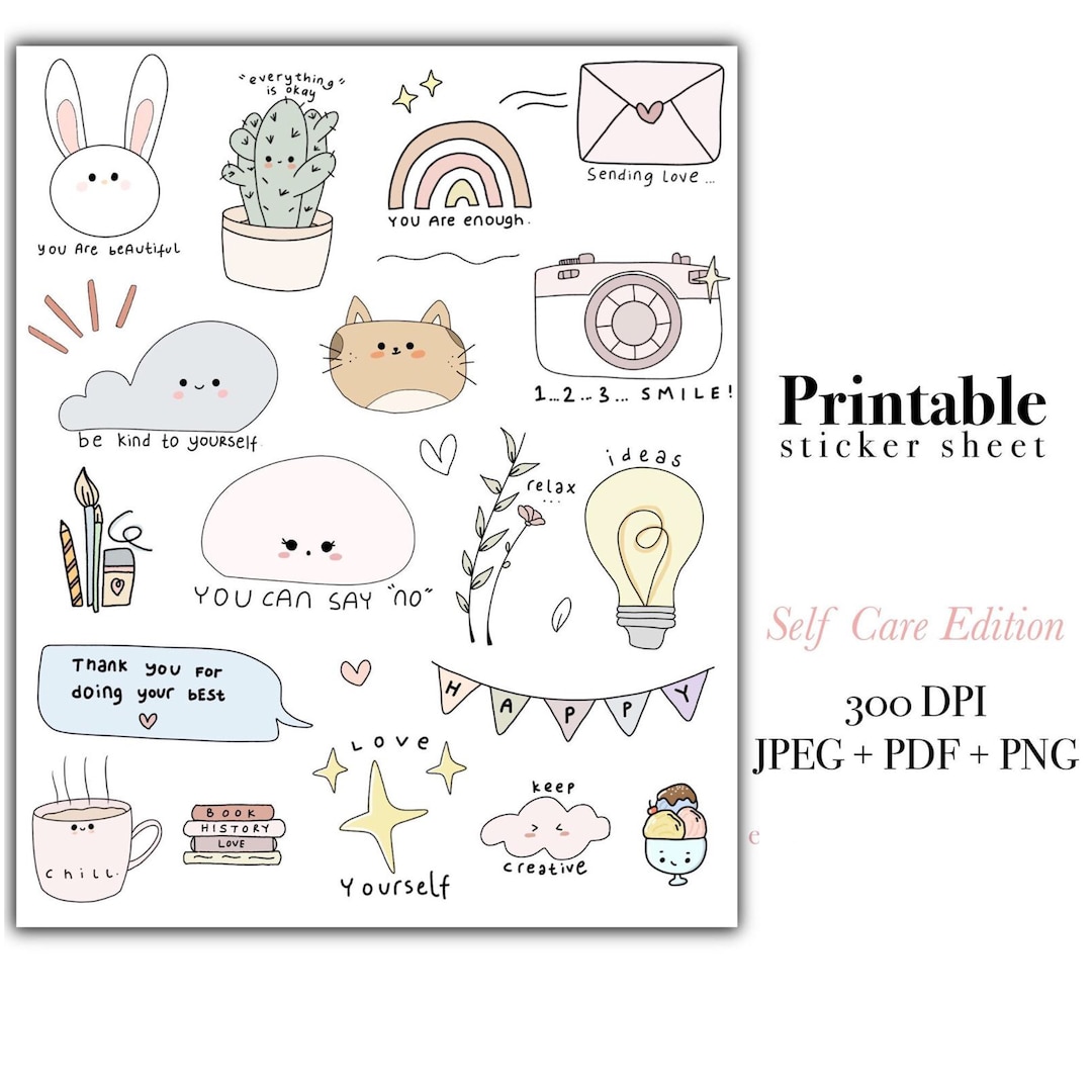 Self Care Printable Digital Stickers, Cute Cricut Friendly Digital ...