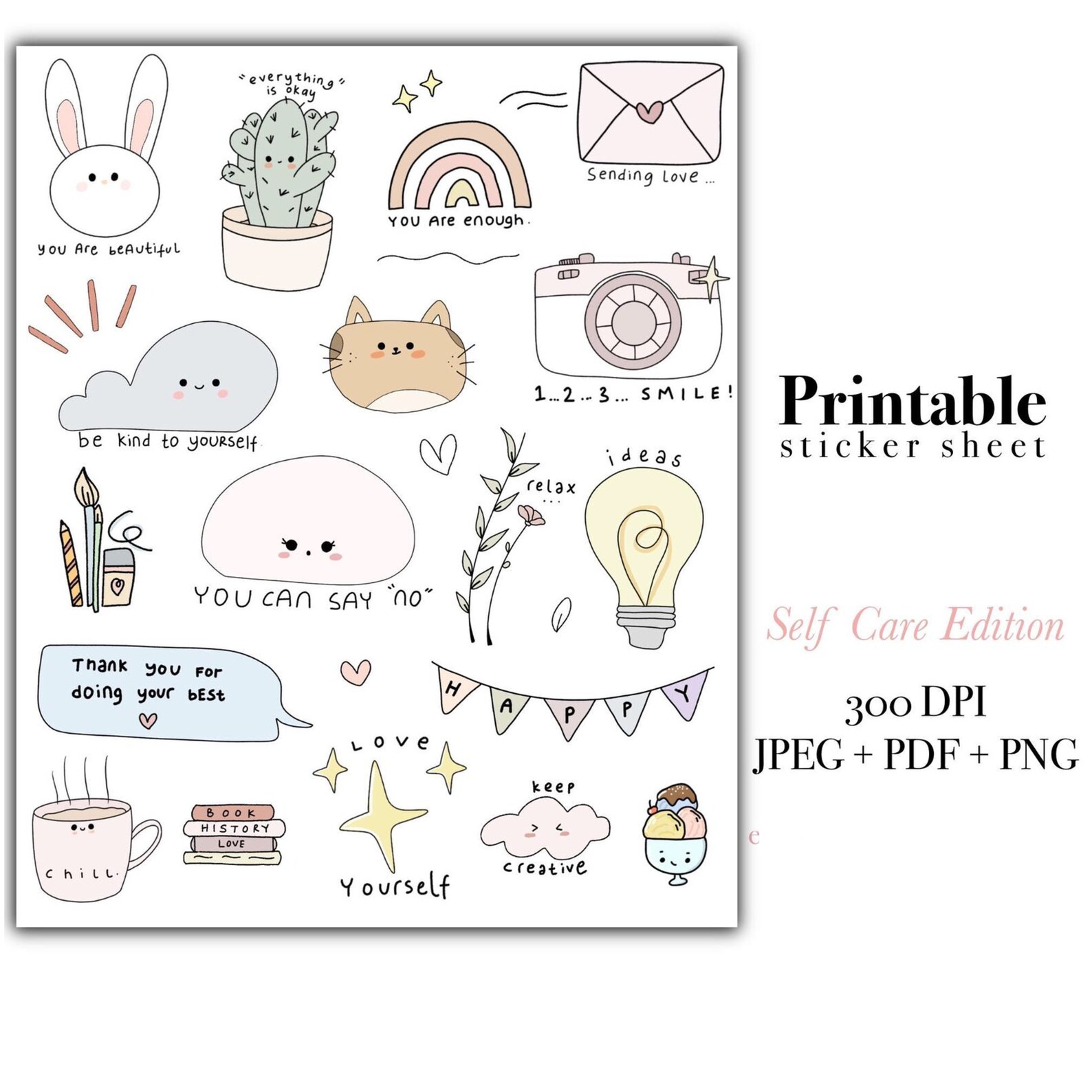 Self Care Printable Digital Stickers, Cute Cricut Friendly Digital ...