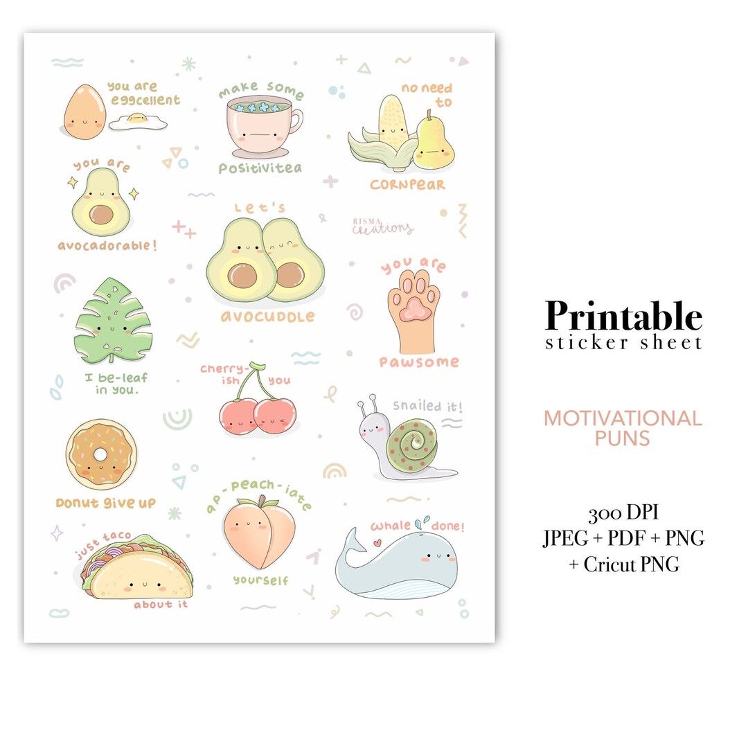 Motivational Puns Digital Printable Planner Stickers, Cute Kawaii ...