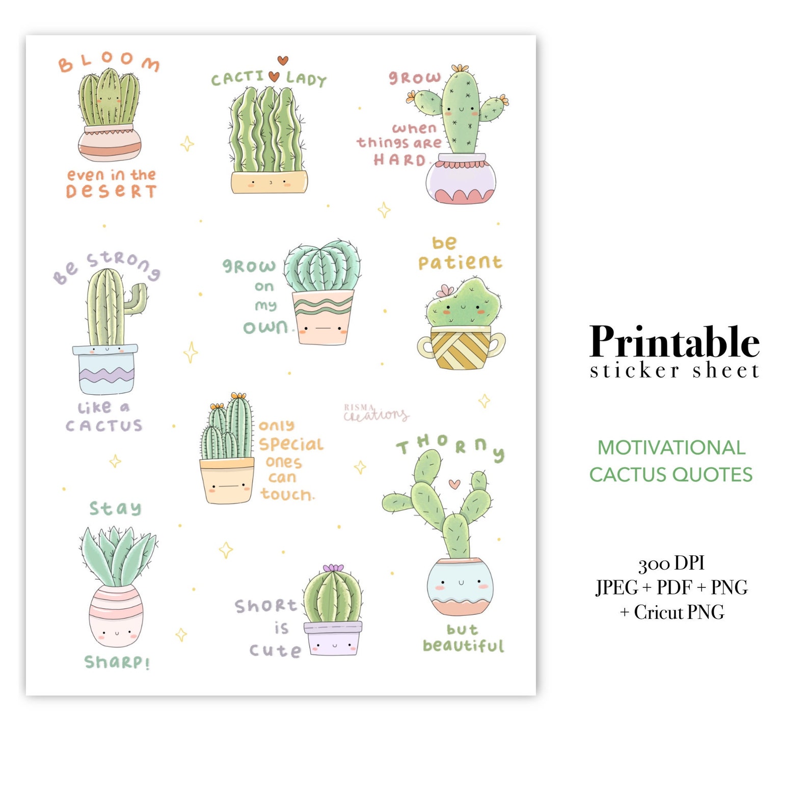 Motivational Cactus Printable Planner Stickers, Digital Cute Kawaii ...