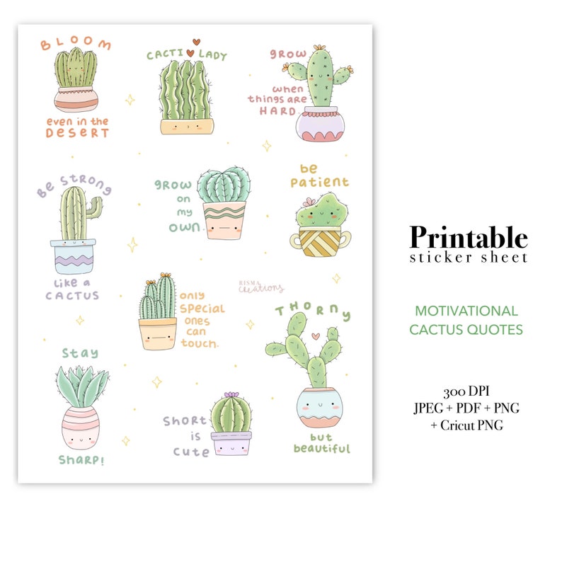 Motivational Cactus Printable Planner Stickers, Digital Cute Kawaii ...