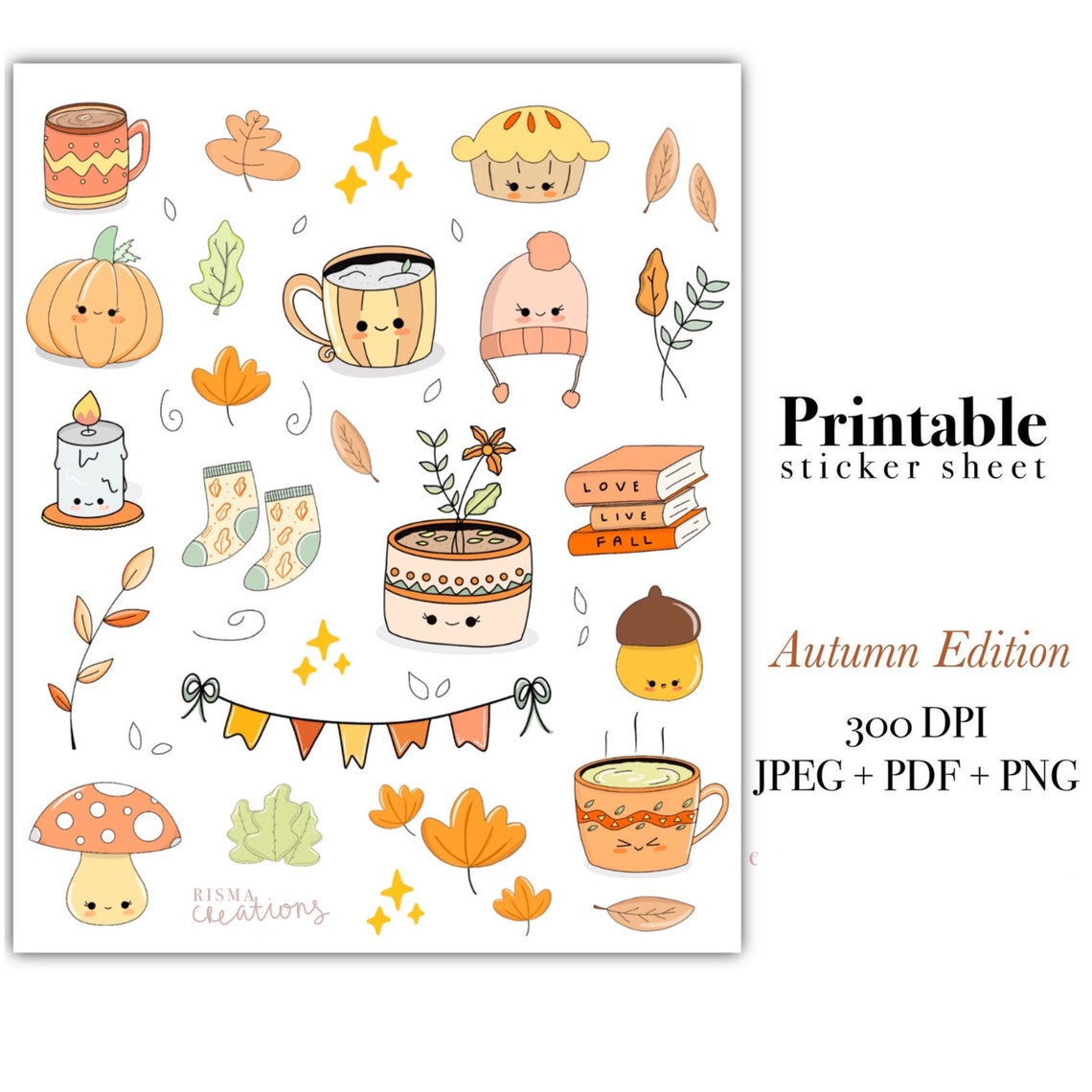 Autumn Digital Printable Digital Stickers Fall Cute Kawaii - Etsy