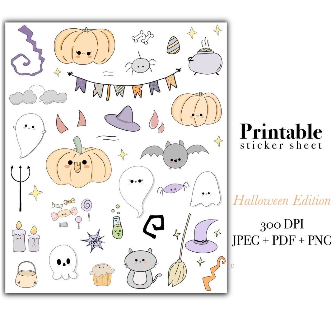 Halloween Printable Digital Stickers, Halloween Kawaii Cute Sticker ...