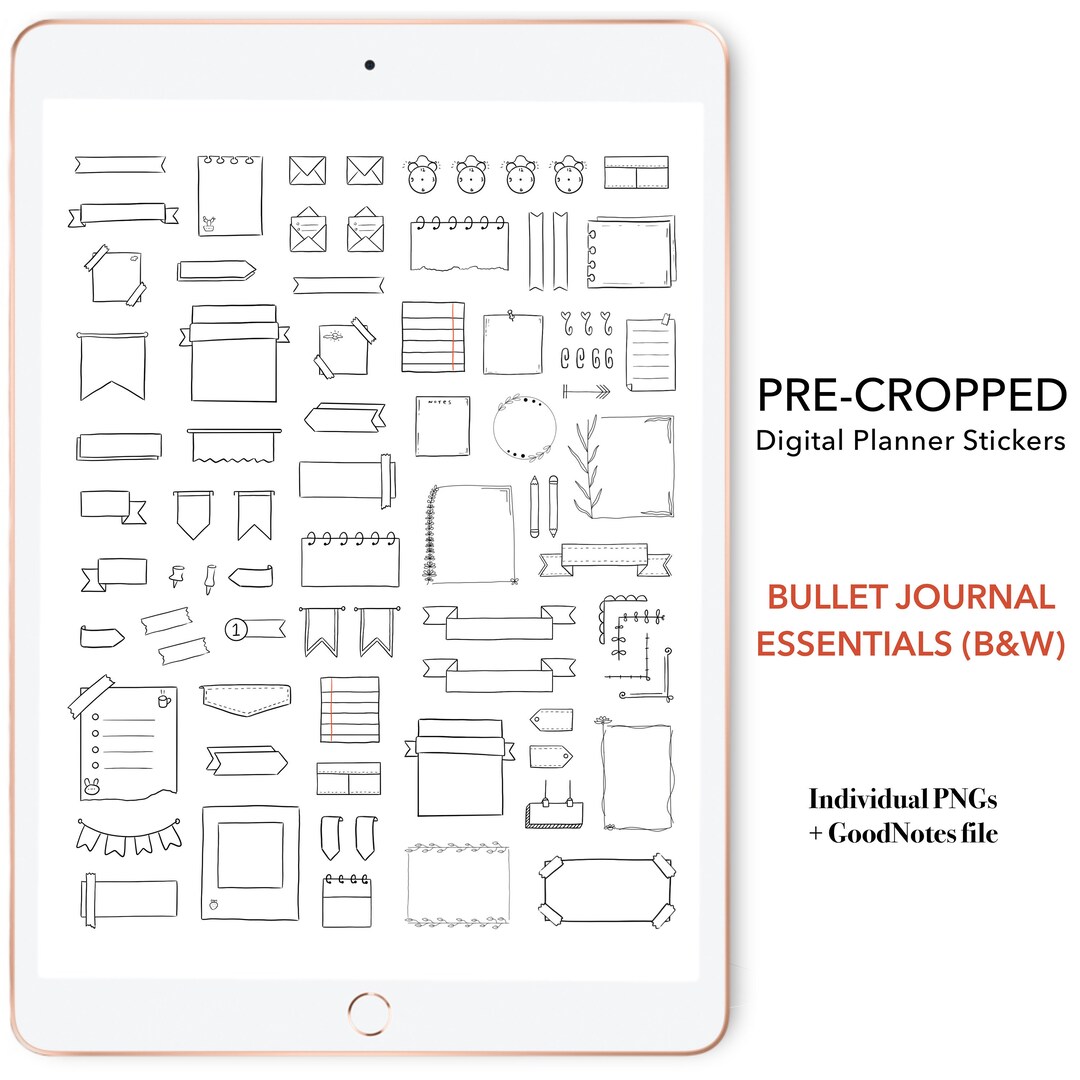 Hand Drawn Digital Bullet Journal Essential Sticker Kit in B&W, Banner ...