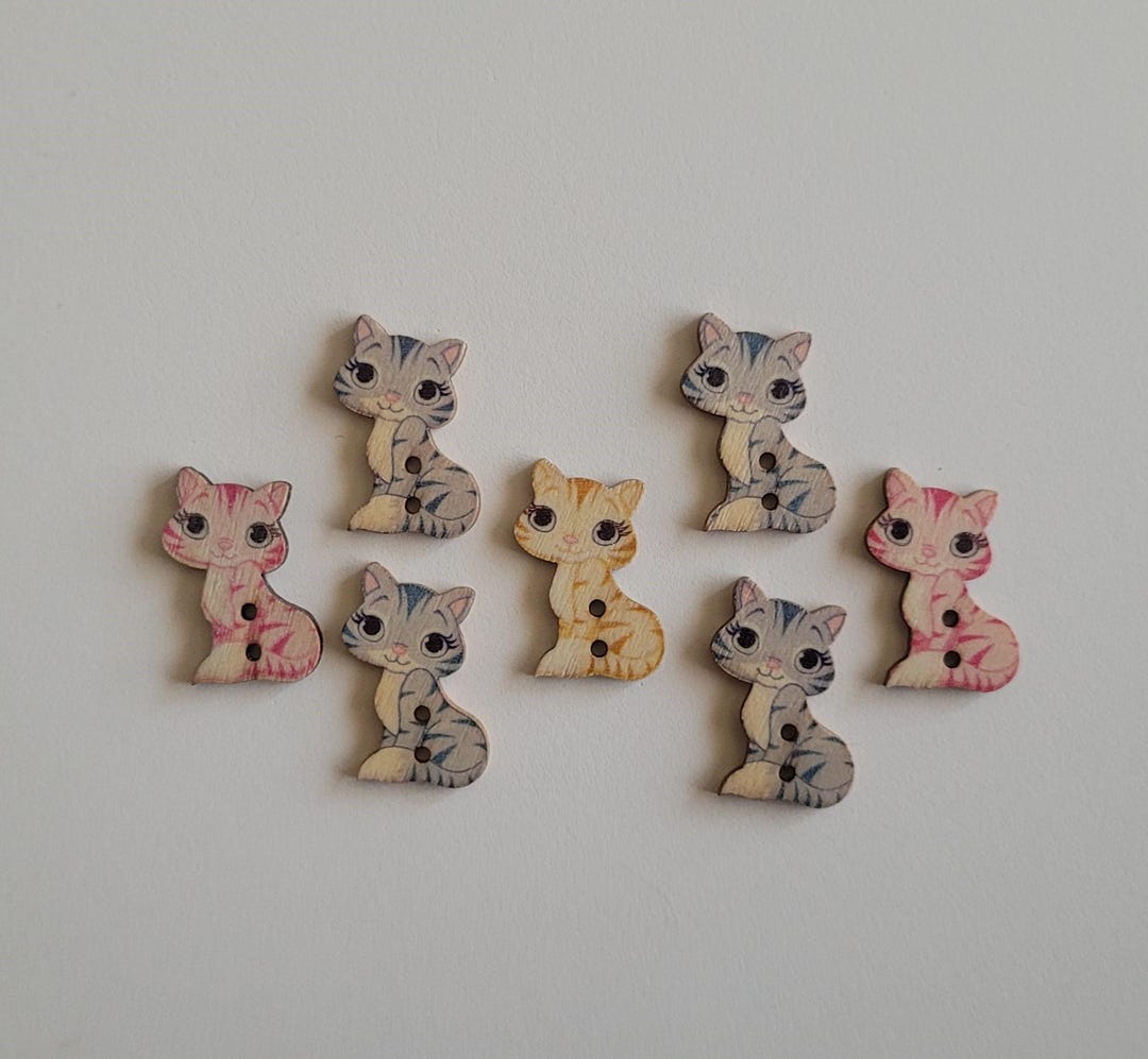 Set of 7 Cat Shaped Buttons of Different Colors/ Wooden Buttons/ Cat ...