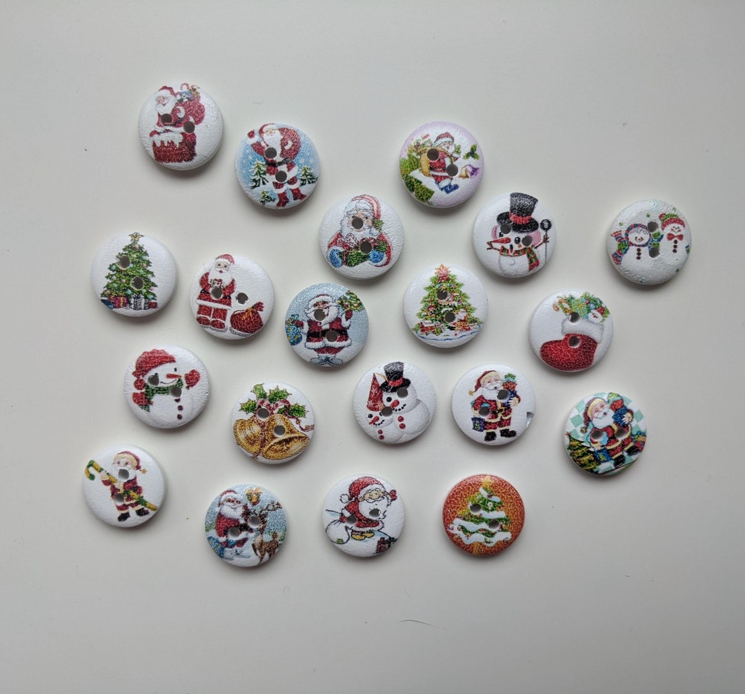SET of 10 BUTTONS of Christmas Elements/ Wooden Buttons/ Santa Button ...