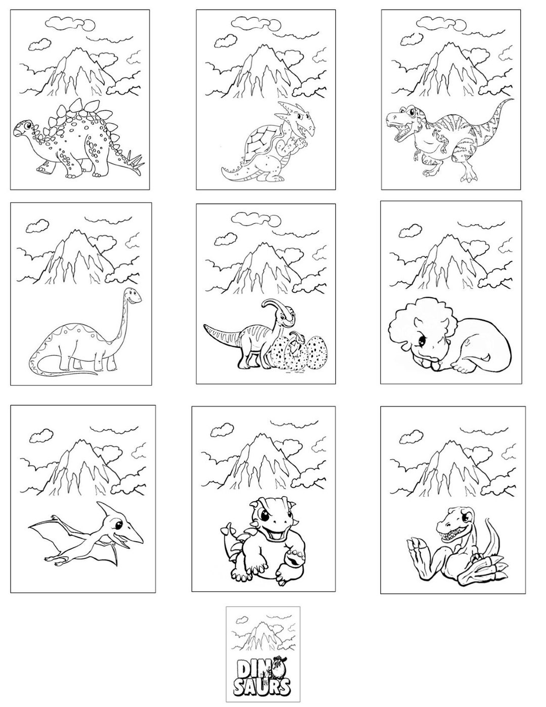 10 Dinosaur Coloring Pages - Etsy