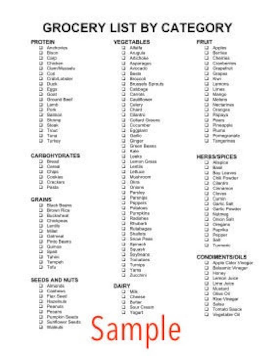 Grocery List by Food Type - Etsy