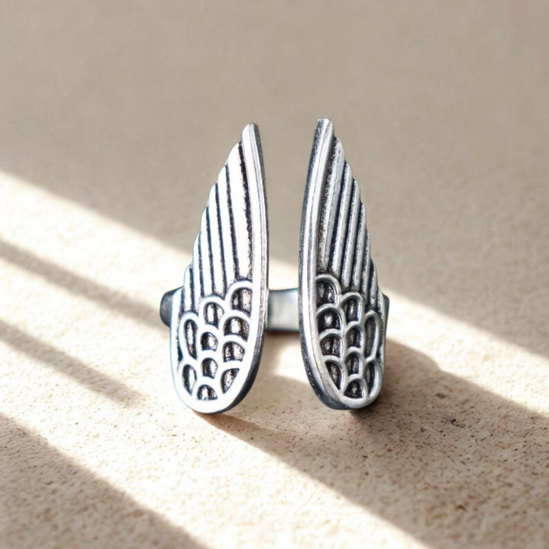 Oxidized 925 Silver Angel Wing Ring, Adjustable Open Design - Etsy