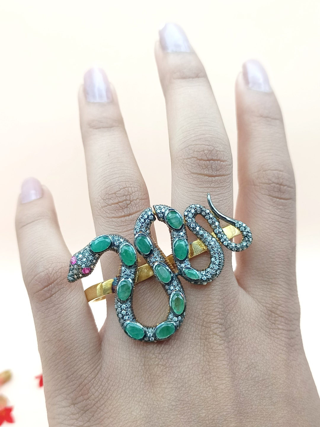 Snake Ring With Emerald, Adjustable Snake Ring, Open Snake Ring, 925 ...