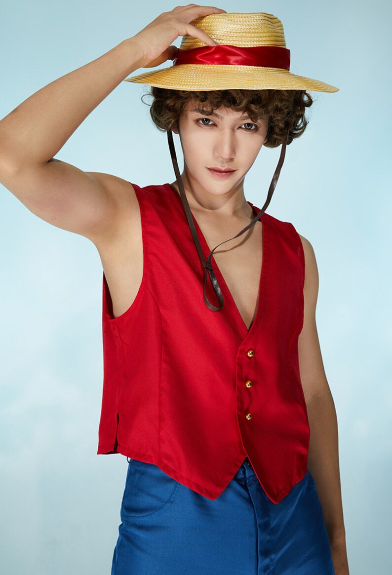 OP Luffy Cosplay Costume Red Vest Blue Pants With Straw Hat, King ...