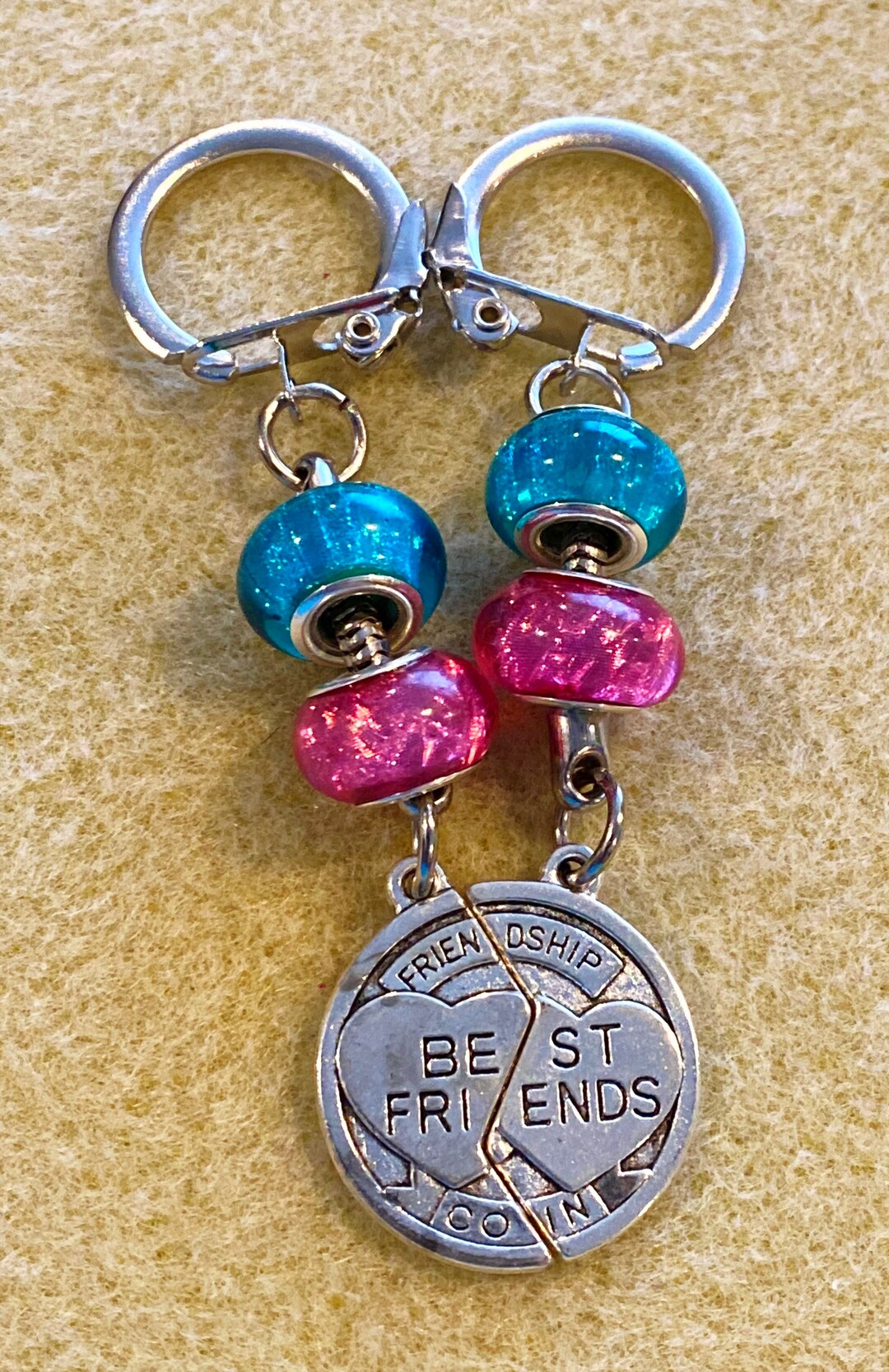 Best Friends Keychain Set Pink and Aqua Glitter Beads Heart - Etsy