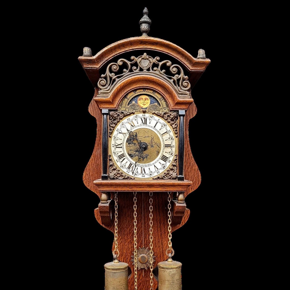 Antique Dutch Moon Phase Clock | 1950s | Brass Embellishments | Fully ...