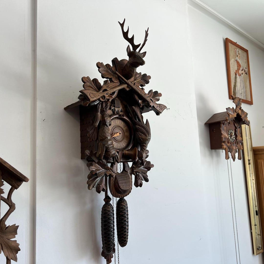 Antique 80cm German Hunter Cuckoo Clock | Carved Black Forest Chalet ...