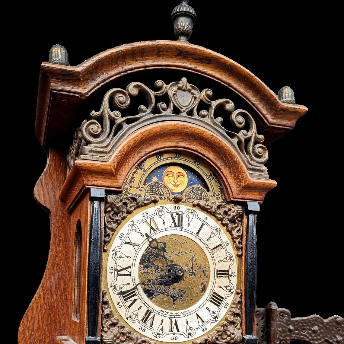 Antique Dutch Moon Phase Clock | 1950s | Brass Embellishments | Fully ...