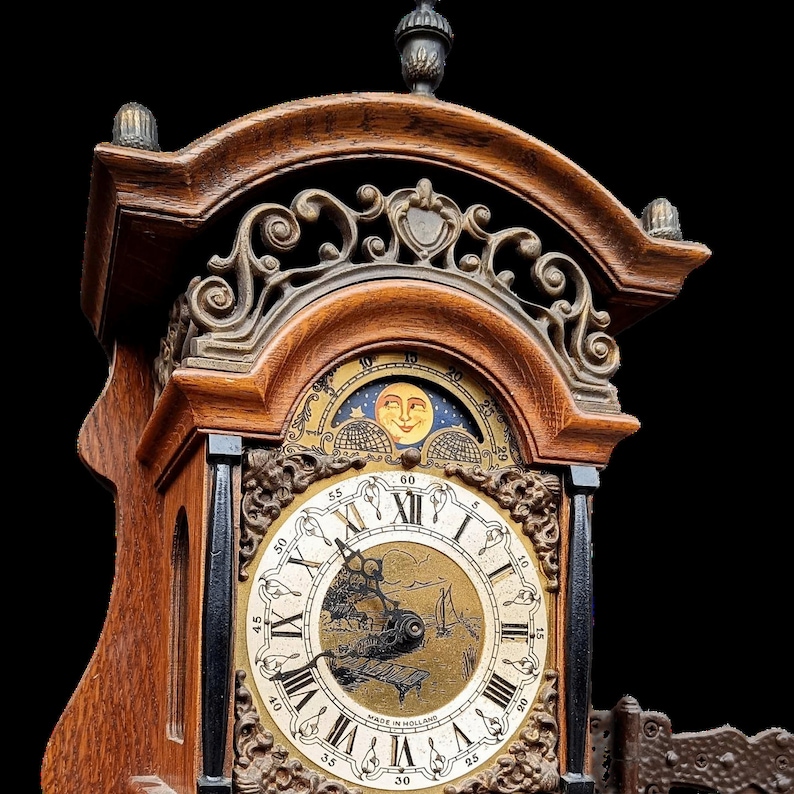 Antique Dutch Moon Phase Clock | 1950s | Brass Embellishments | Fully ...