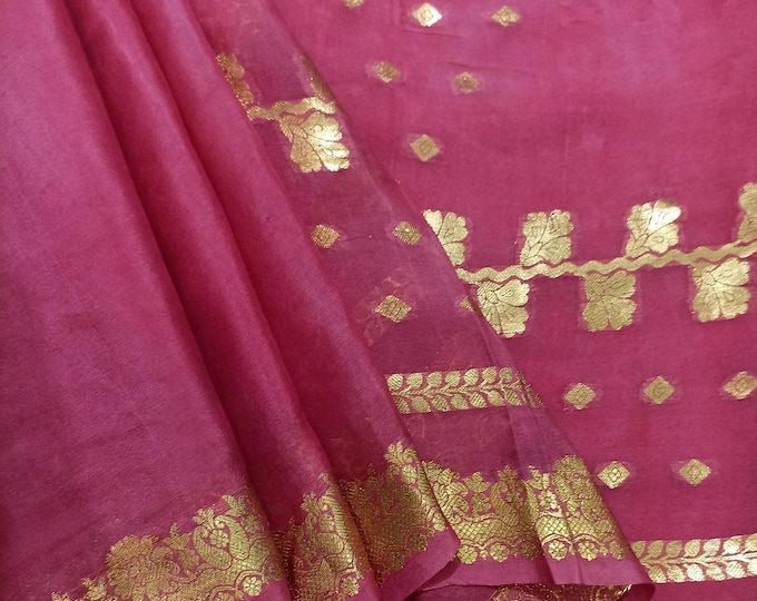 Vintage Silk Chanderi Sari: Golden Work Ethnic Fabric, 5 Yards - Etsy