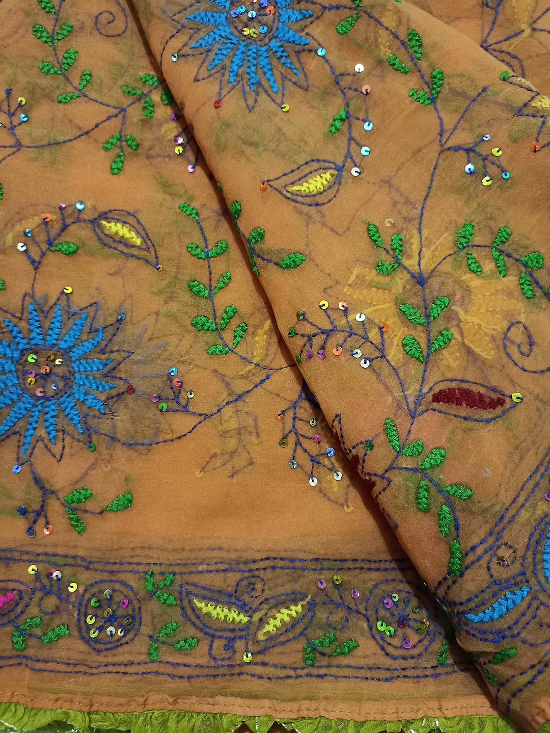 Vintage Dupatta, Hand Embroidered Stole, Beautiful Orange Chiffon ...