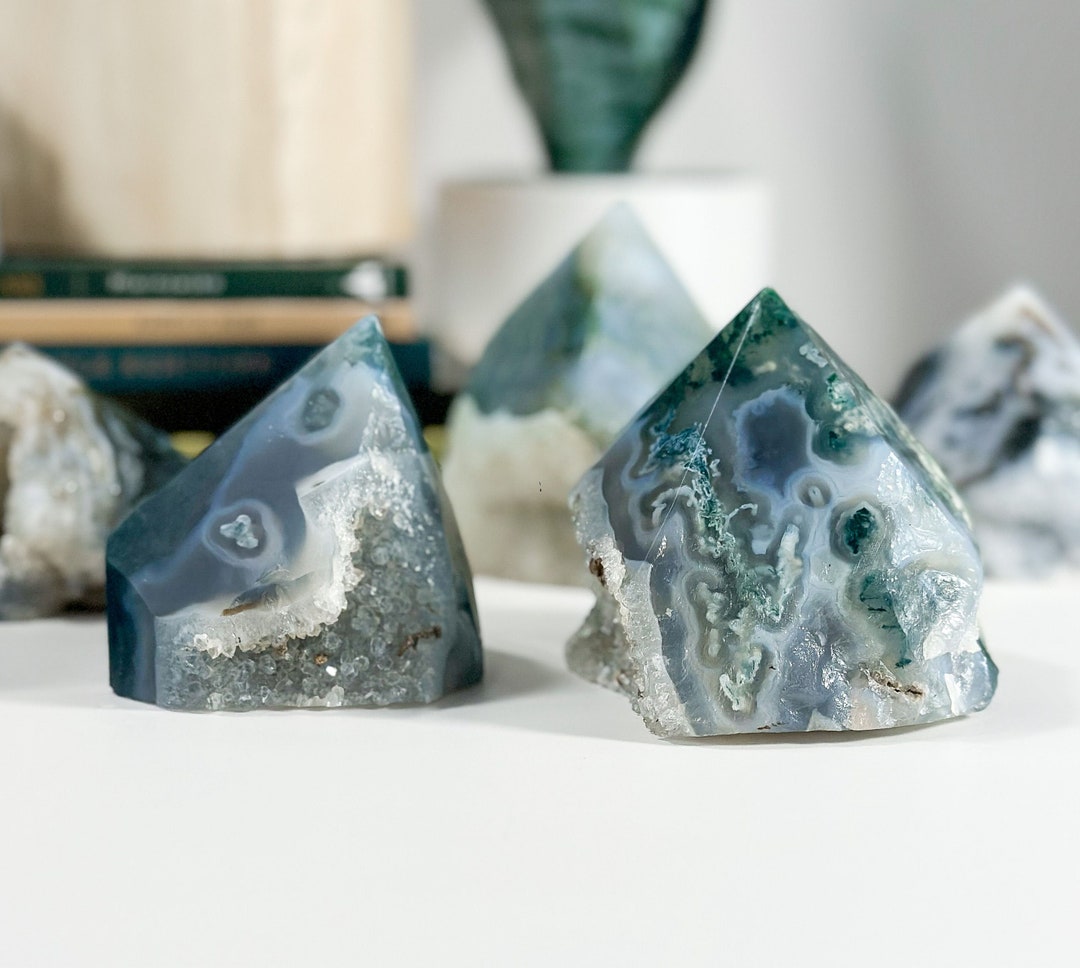 Raw Moss Chalcedony Points, Raw Moss Agate in Blue Chalcendony Points, Semi Polished Moss Agate ...