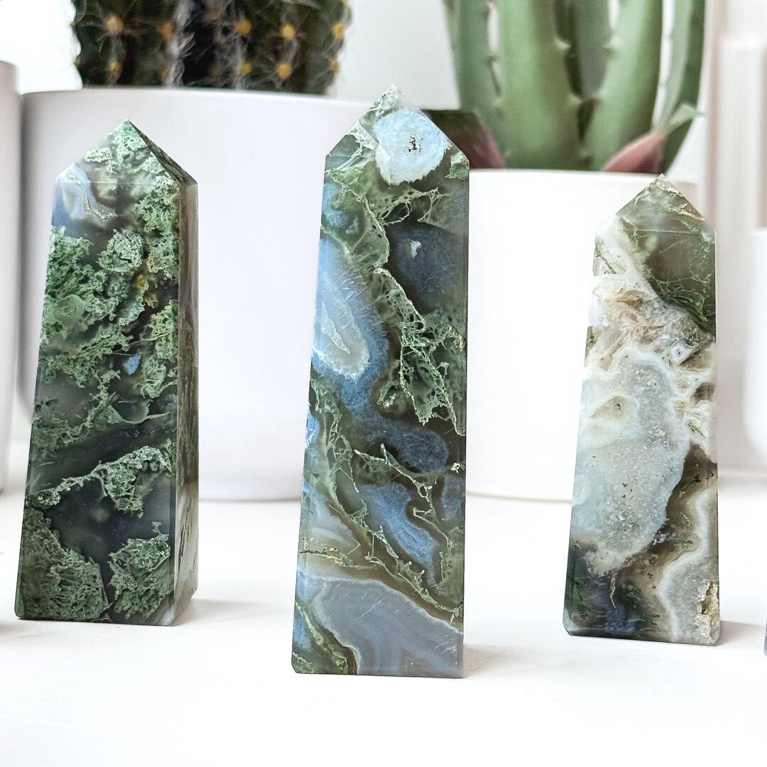 Moss Agate Obelisk Tower: Grounding Crystal Decor for Growth & Balance ...