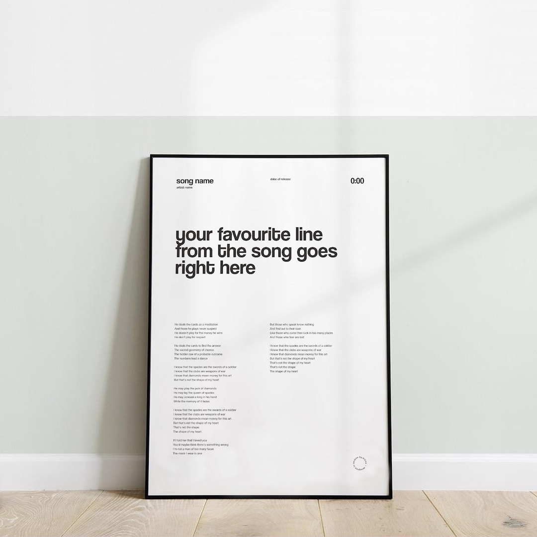 Custom Song Print, Custom Music Poster, Personalised Lyric Art Print ...