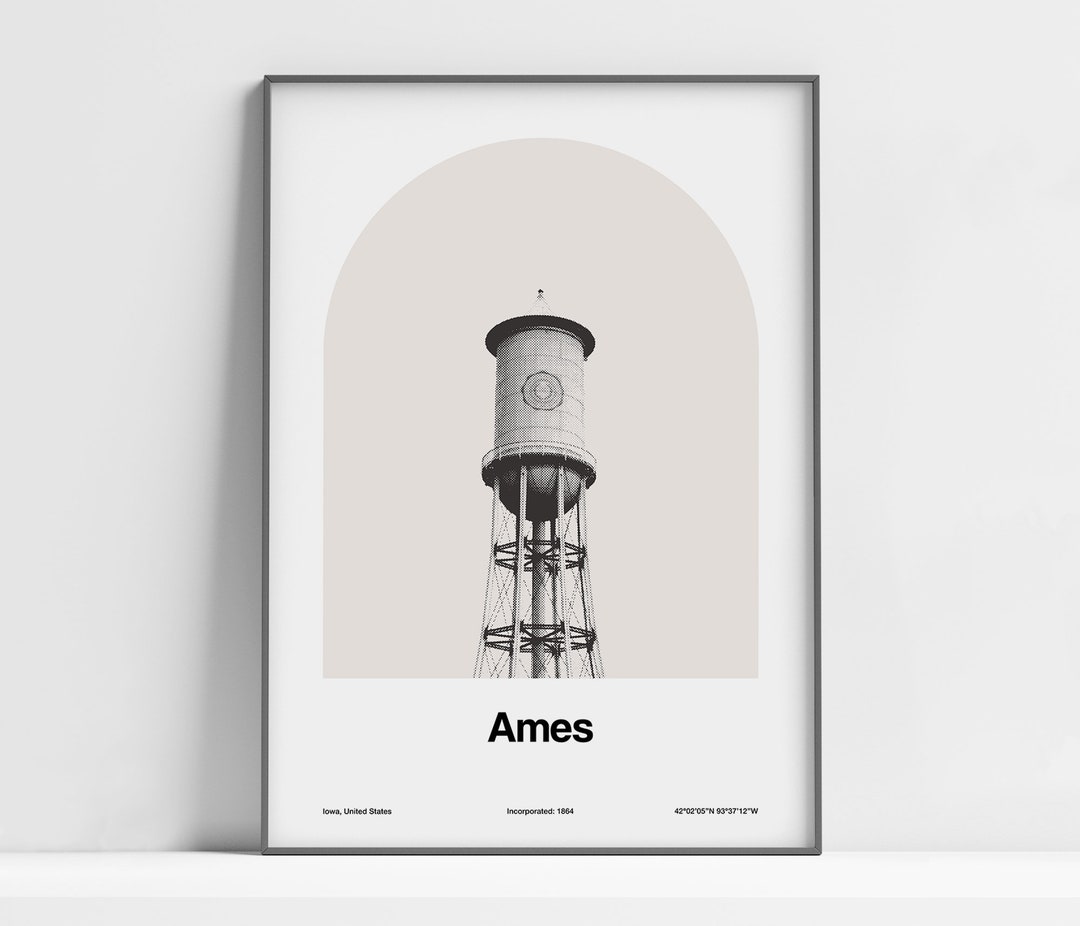 Ames Poster, Ames Water Tower Print, Ames Iowa State Town Black White ...