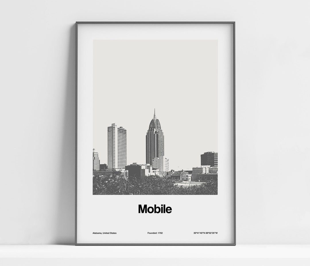 Mobile Alabama Poster, Mobile AL Print, Mobile Skyline Alabama Black ...