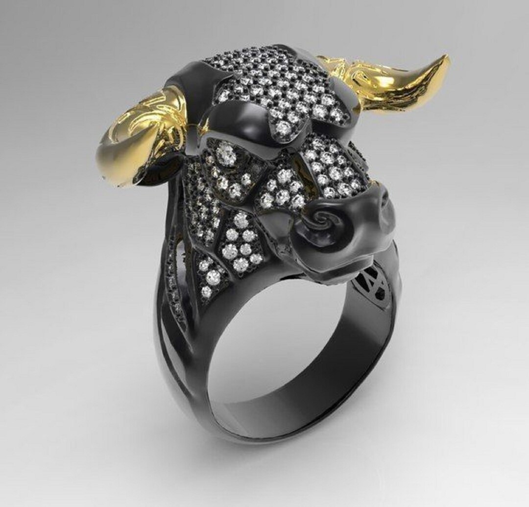Mighty Bull Head Ring for Men's, Black Diamond Ring, Biker Punk Jewelry ...