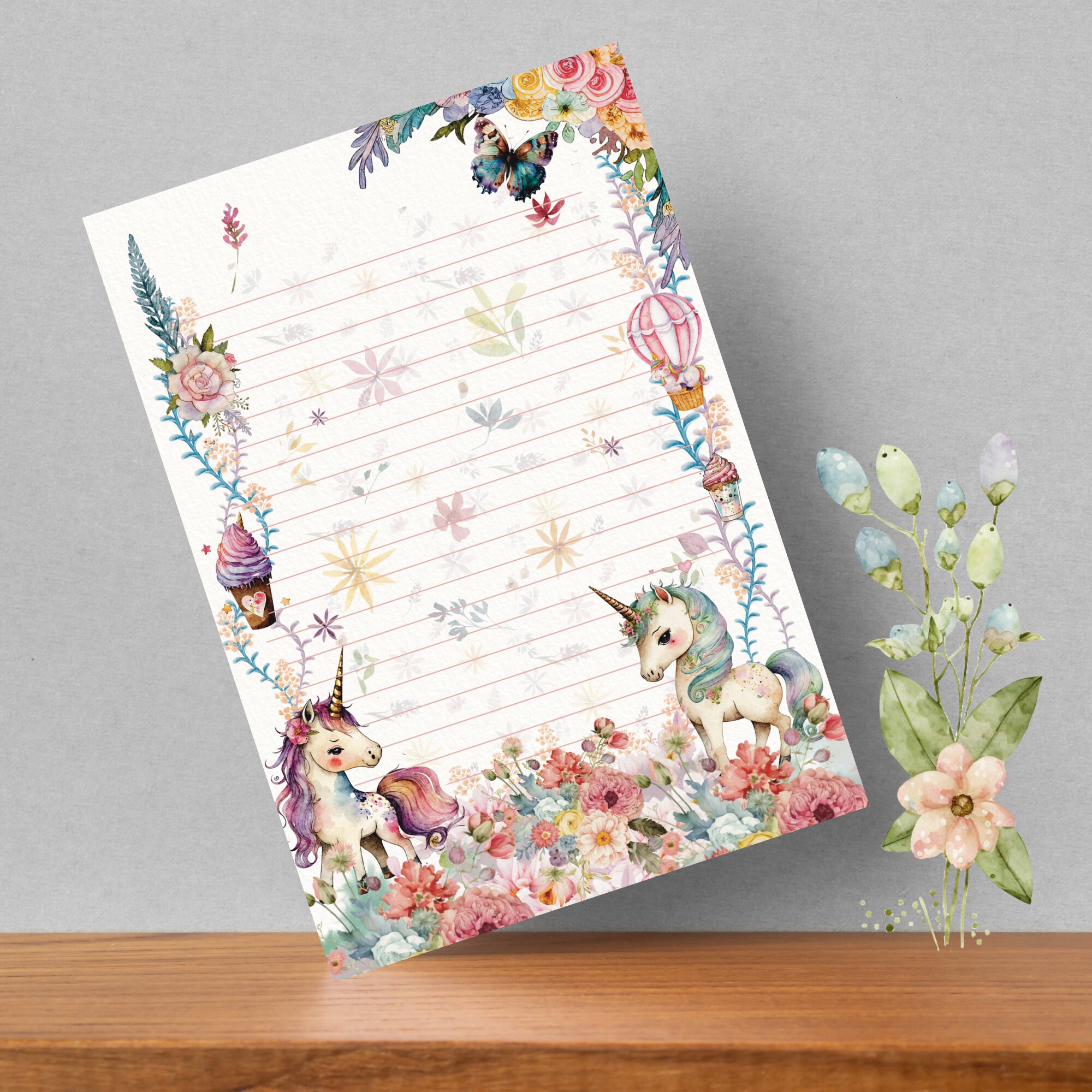 3 Designs Cute Unicorn Printable Letter Paper Watercolor, Digital Lined ...