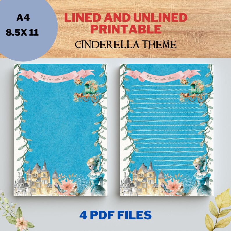 Printable Letter Cinderella Watercolor, Digital Lined and Unlined Paper ...
