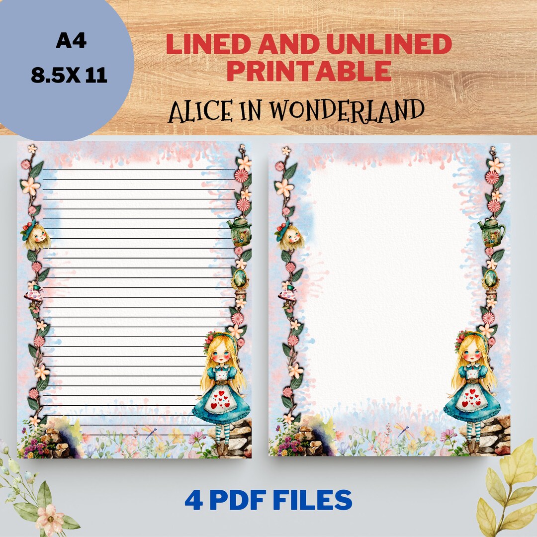 Printable Lined Paper Alice in Wonderland Watercolor, Digital Lined ...