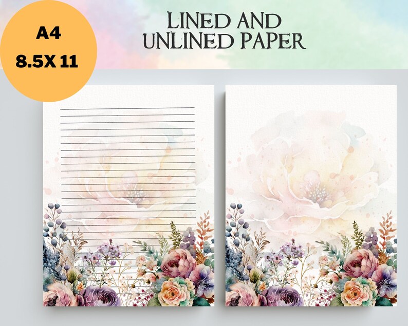 Lined Unlined Journal, Printable Paper, Beautiful Paper, Pastel Flowers ...