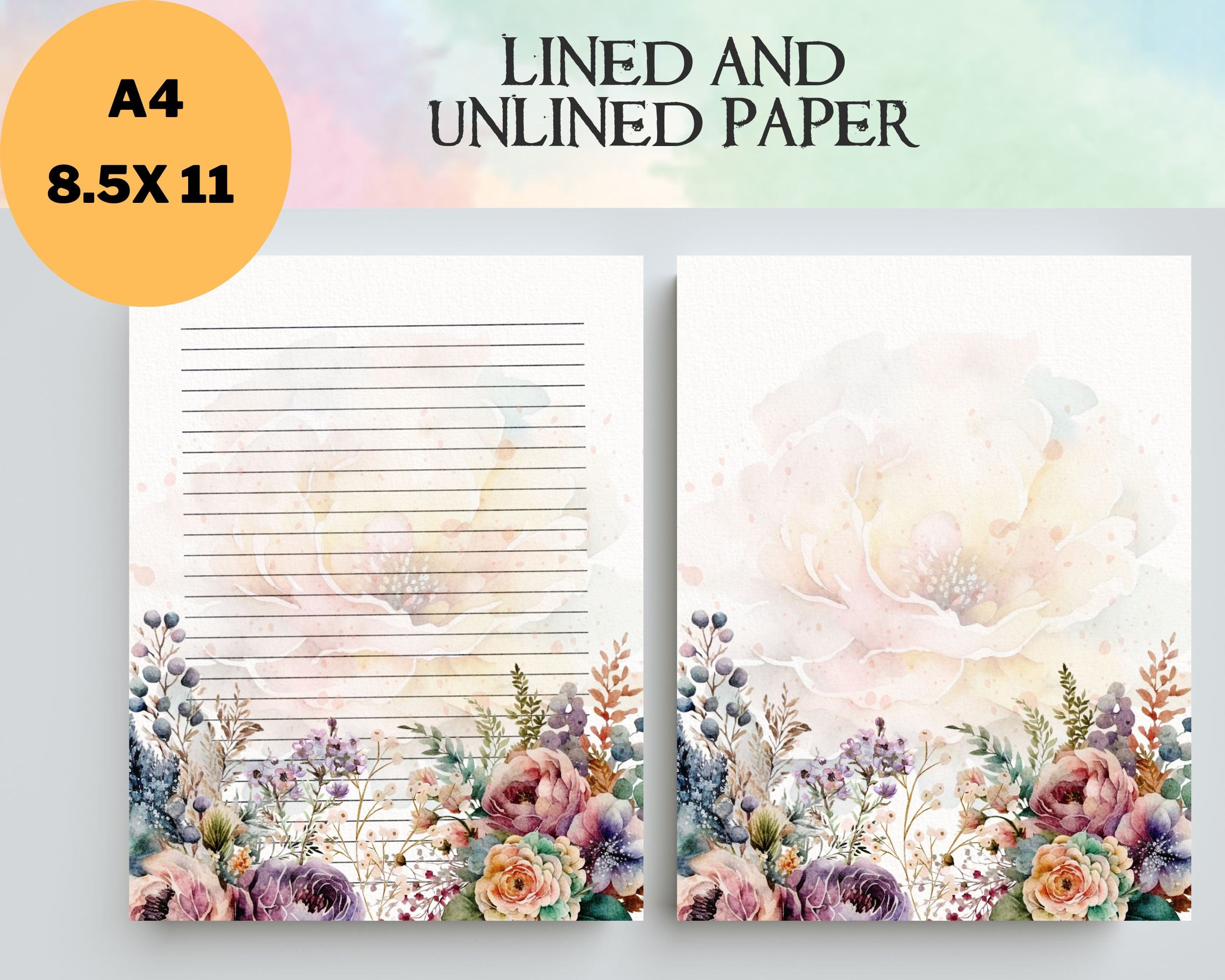 Lined Unlined Journal, Printable Paper, Beautiful Paper, Pastel Flowers ...