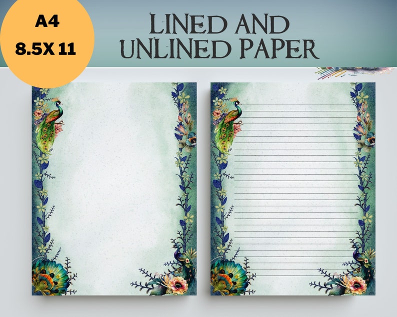 Lined Unlined Journal, Printable Paper, Beautiful Paper Peacock and ...